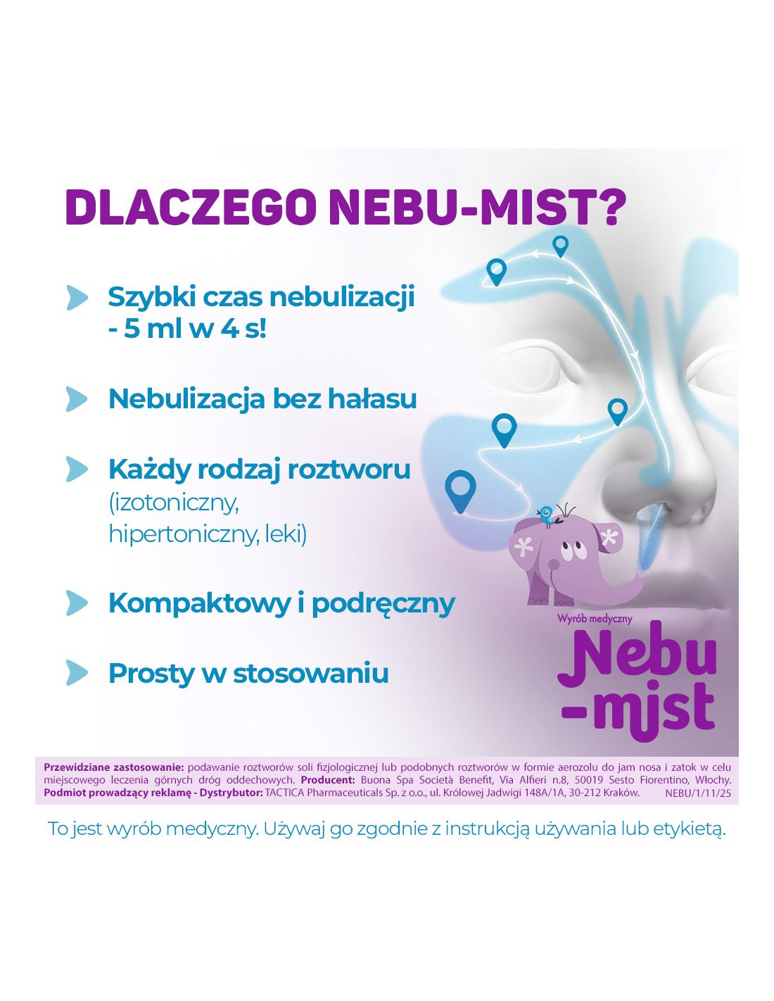 Nebu-mist Urządzenie do nebulizacji roztworów do jam nosa i zatok 1 sztuka