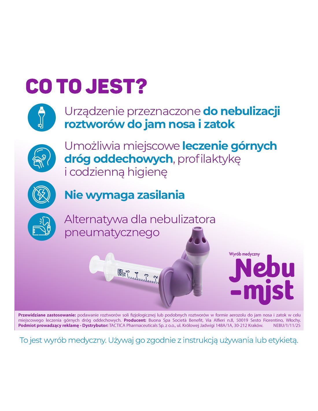 Nebu-mist Urządzenie do nebulizacji roztworów do jam nosa i zatok 1 sztuka
